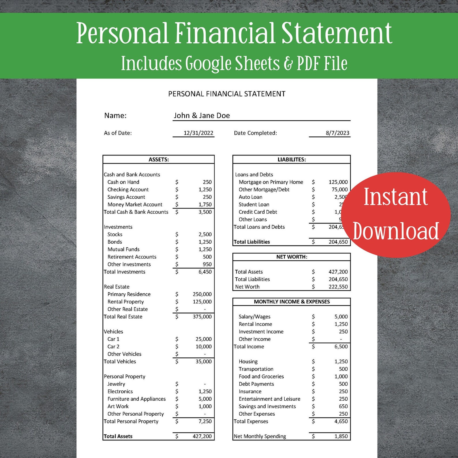 Editable Personal Financial Statement Google Sheets Template ...