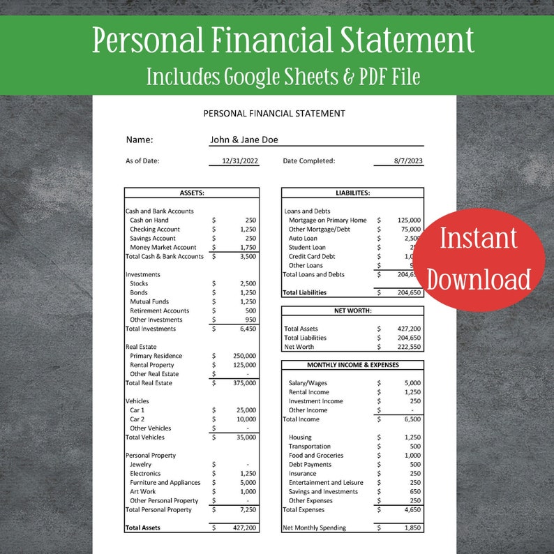 Editable Personal Financial Statement Google Sheets Template ...