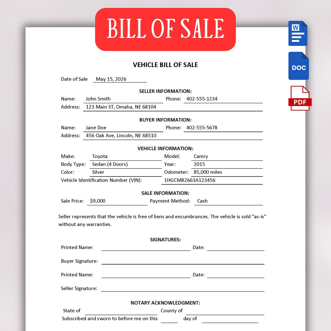 Motor Vehicle Bill of Sale | Printable Car Bill of Sale | Editable ...