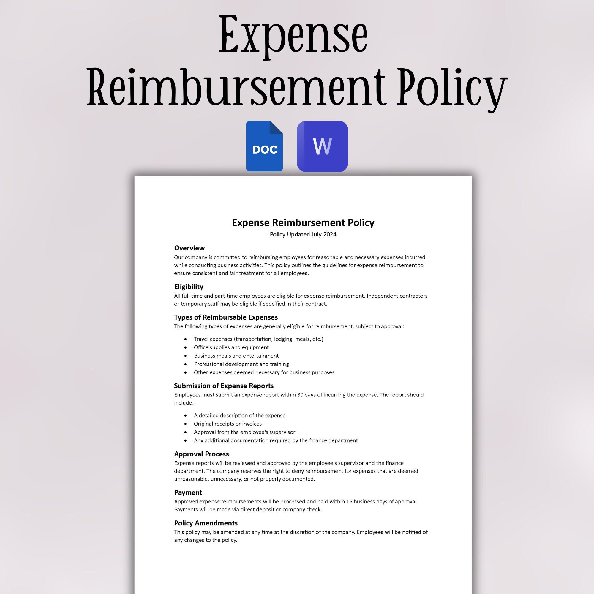 Editable Employee Reimbursement Policy Form HR Template Payroll ...