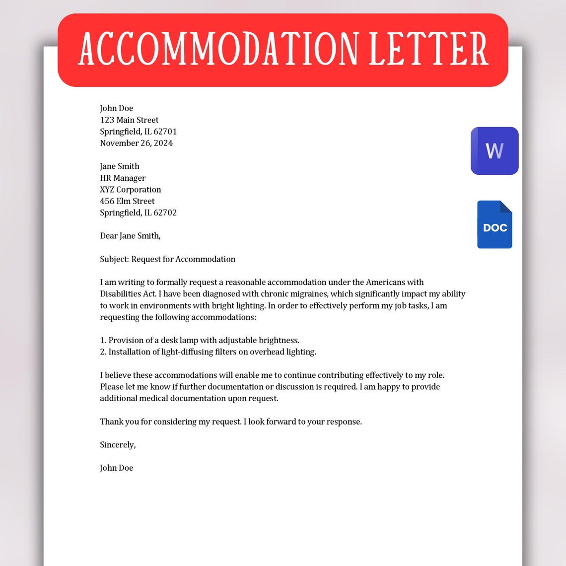 Reasonable Accommodation Letter Template | ADA Accommodation | ADA ...