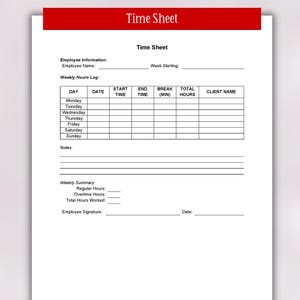 Printable Employee Time Sheet | Simple Time Sheet | Employee Hours ...
