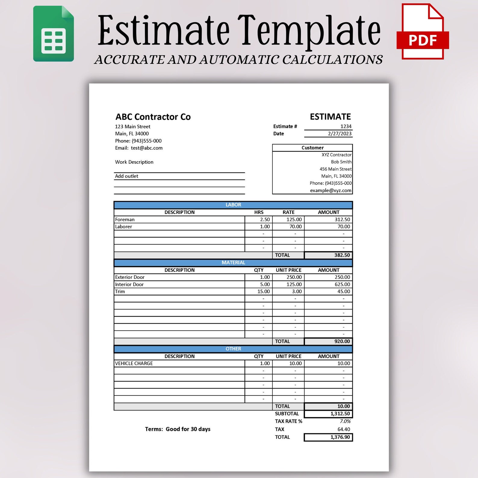 Contractor Estimate Template General Contractor Construction Estimate ...