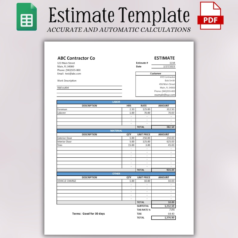 Contractor Estimate Template General Contractor Construction Estimate ...