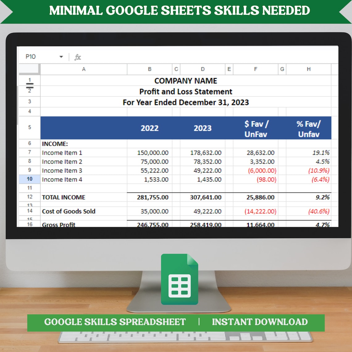 Profit and Loss Statement Template With Gross Profit Google Sheets ...