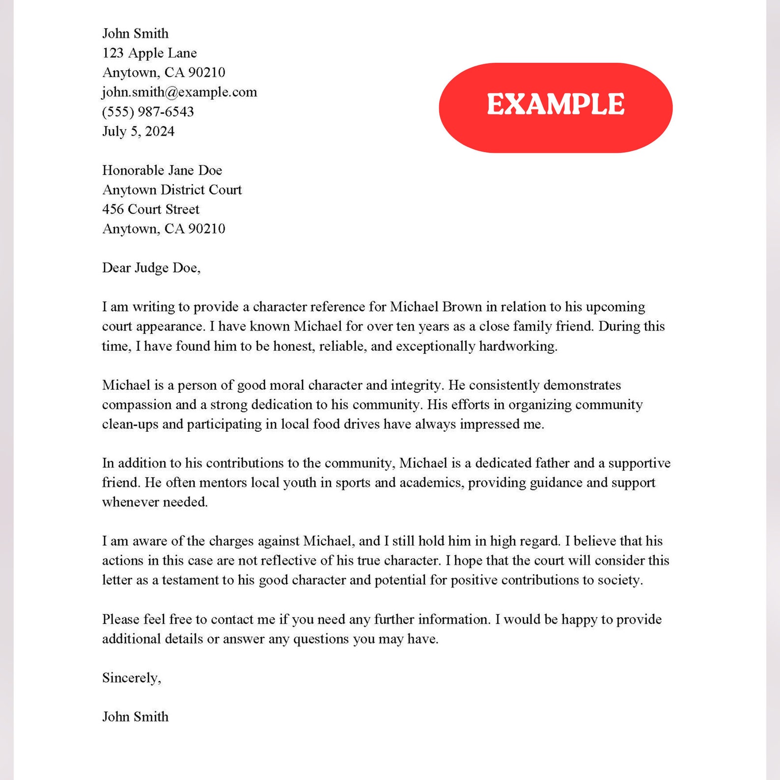 Character Reference Letter | Court Character Letter | Character ...