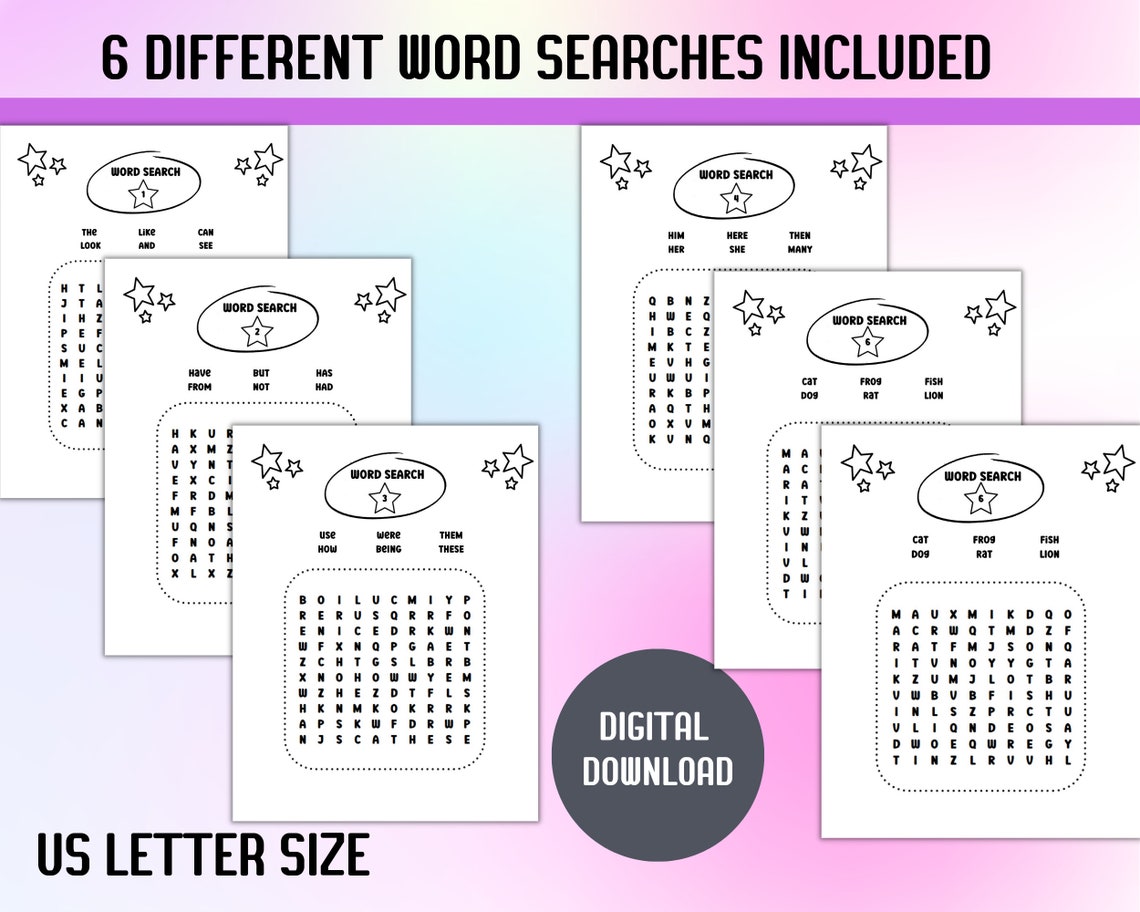 Six Sight Words Printable Kid Word Search Sight Word Game Kindergarten ...