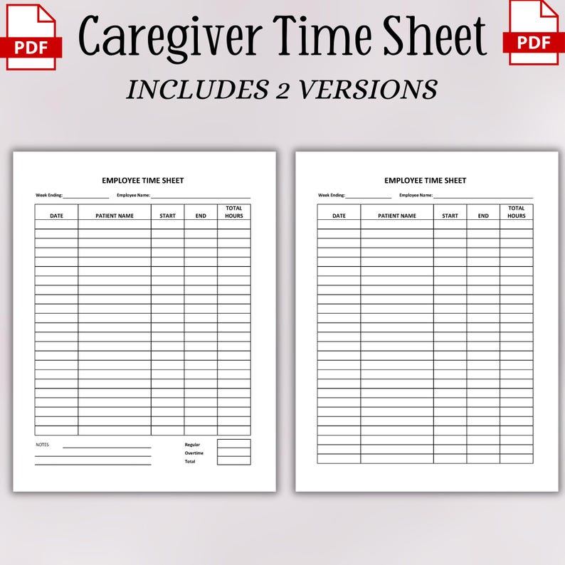 Printable Caregiver Time Sheet | Caregiver Hours | Nurse Timesheet ...