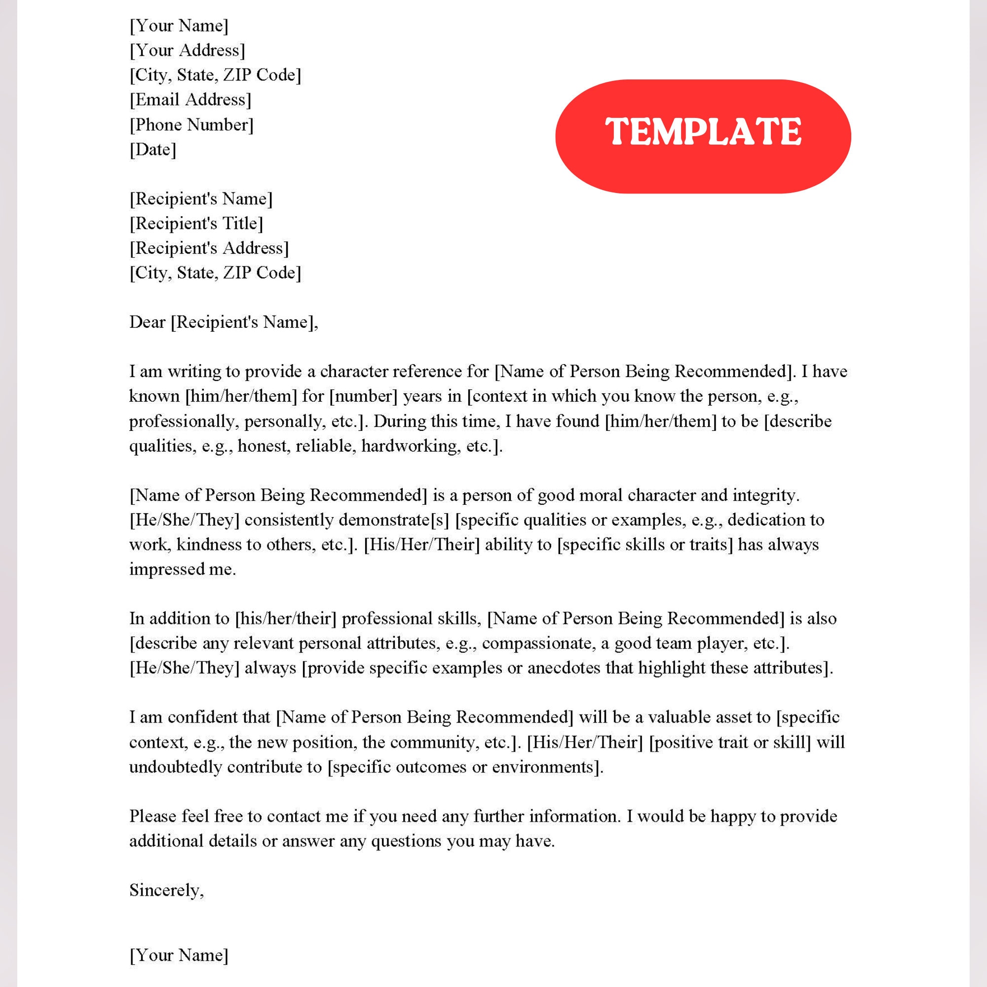 Character Reference Letter Template | Job Recommendation Letter ...