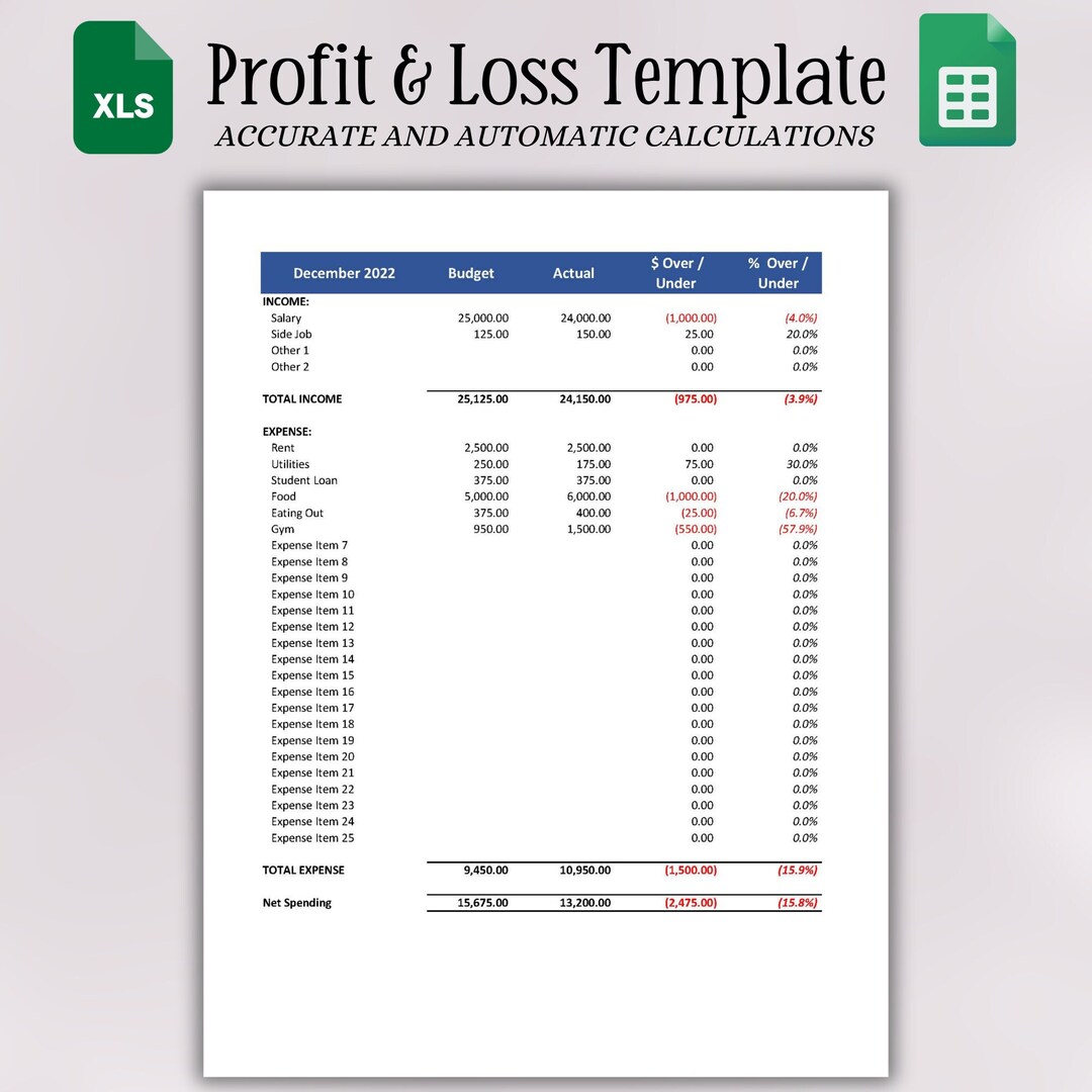 Profit and Loss Statement Budget Income Statement Excel Template Profit ...