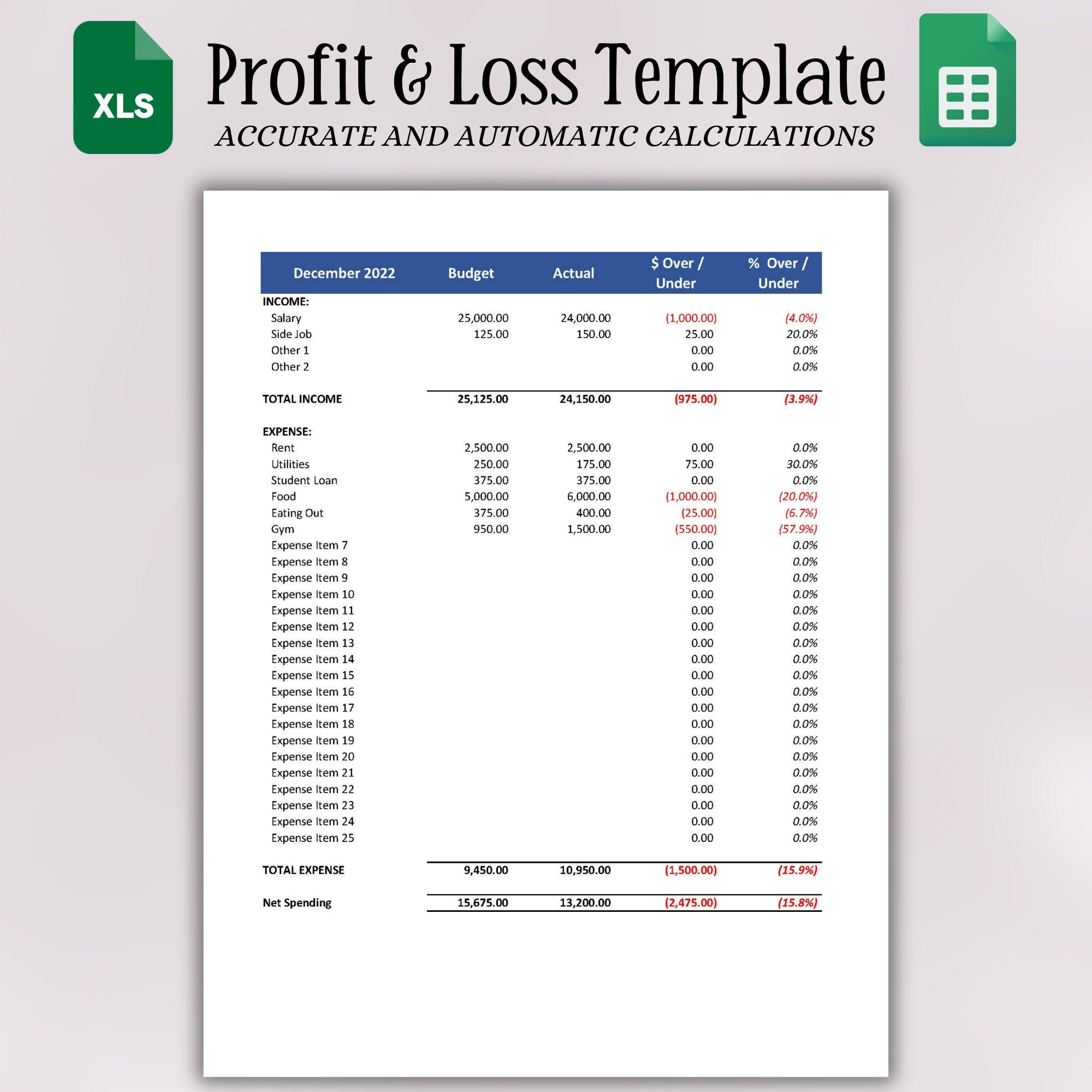 Profit and Loss Statement Budget Income Statement Excel Template Profit ...