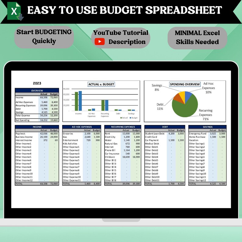 Digital Budget Planner Excel Personal Finance Spreadsheet monthly ...