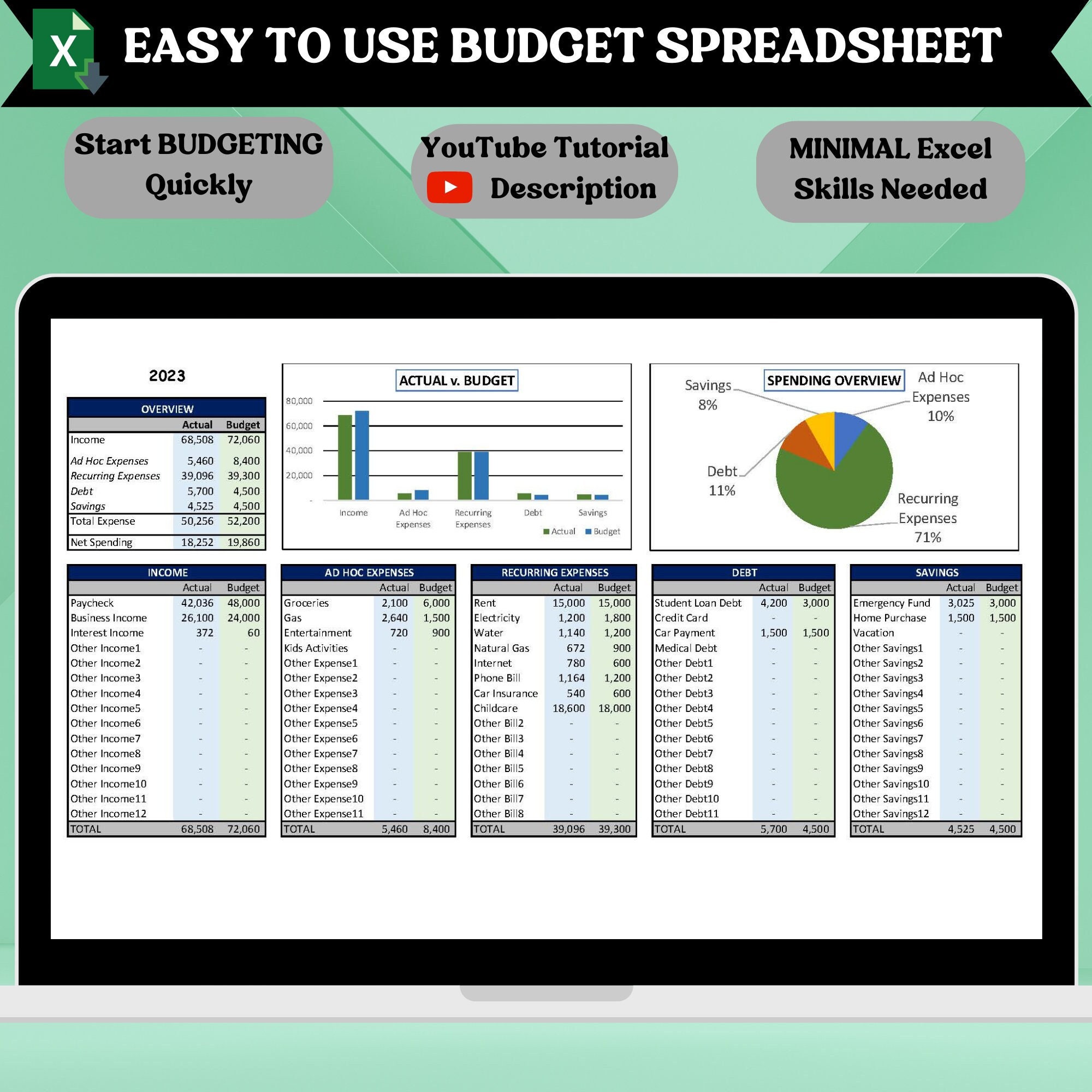 Digital Budget Planner Excel Personal Finance Spreadsheet monthly ...