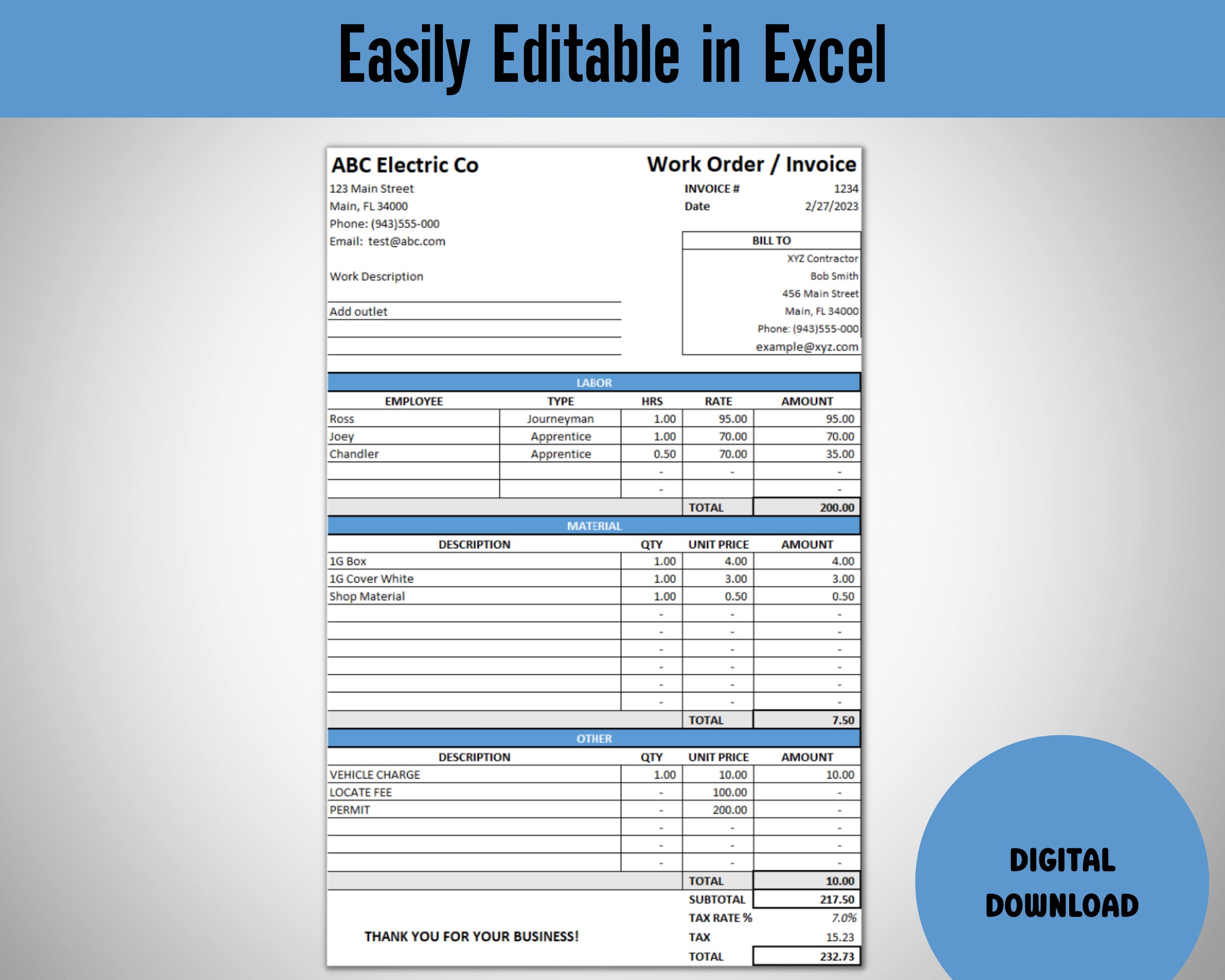 Construction Invoice Template, Contractor/electrician/plumber/hvac ...