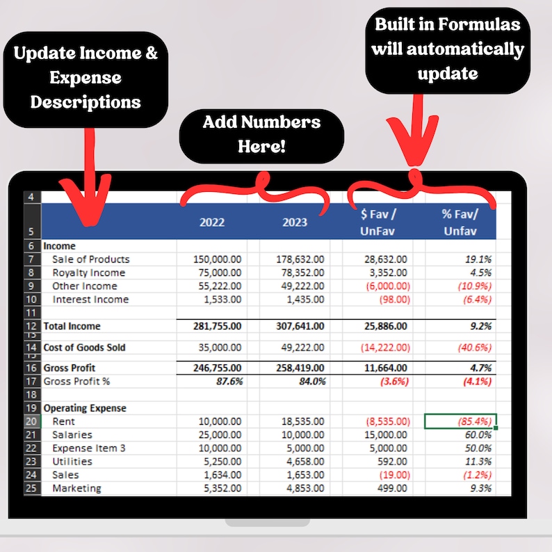 Profit and Loss Statement Template With Prior Year Comparison | Excel ...