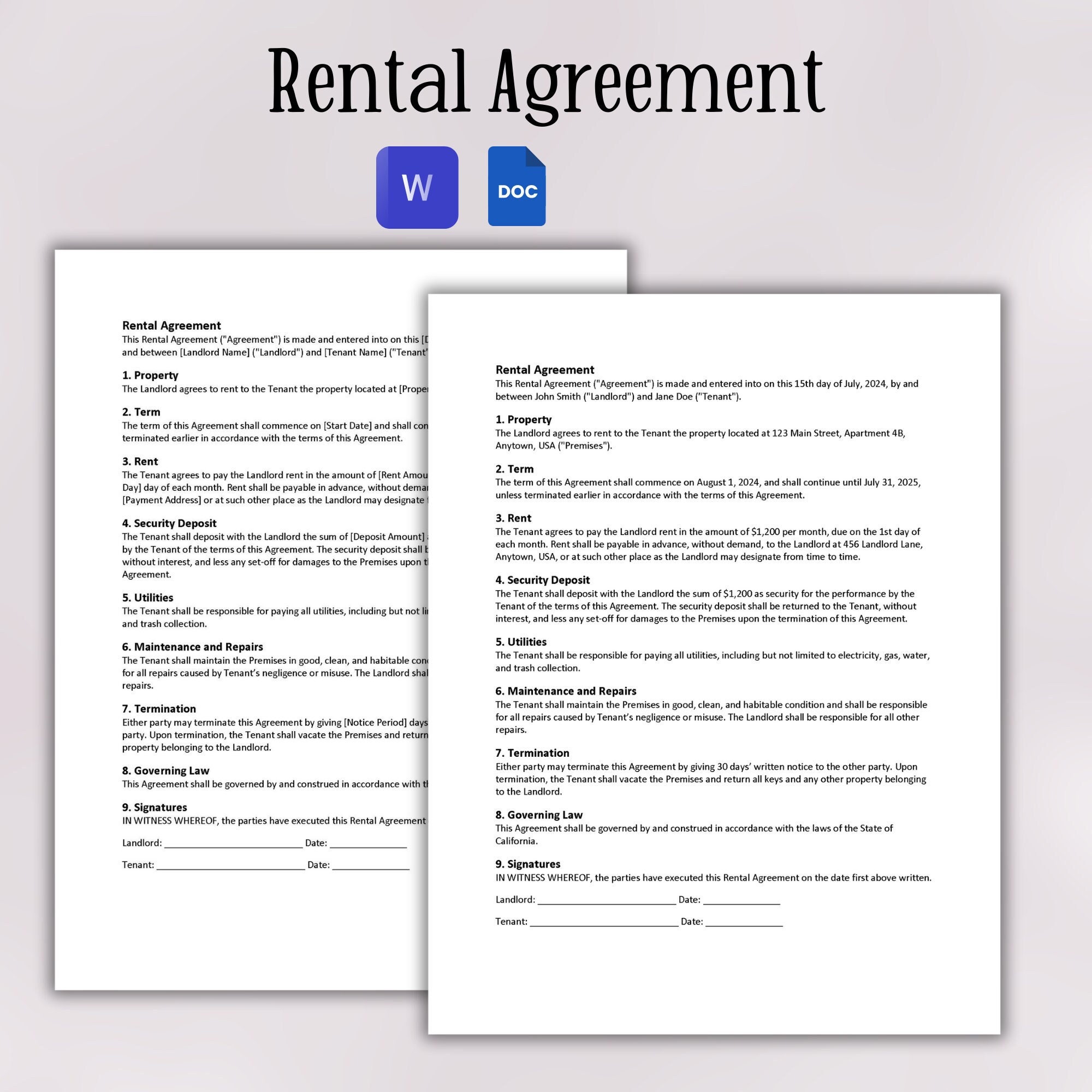 Simple Rental Agreement Template | Residential Lease | Printable Lease ...