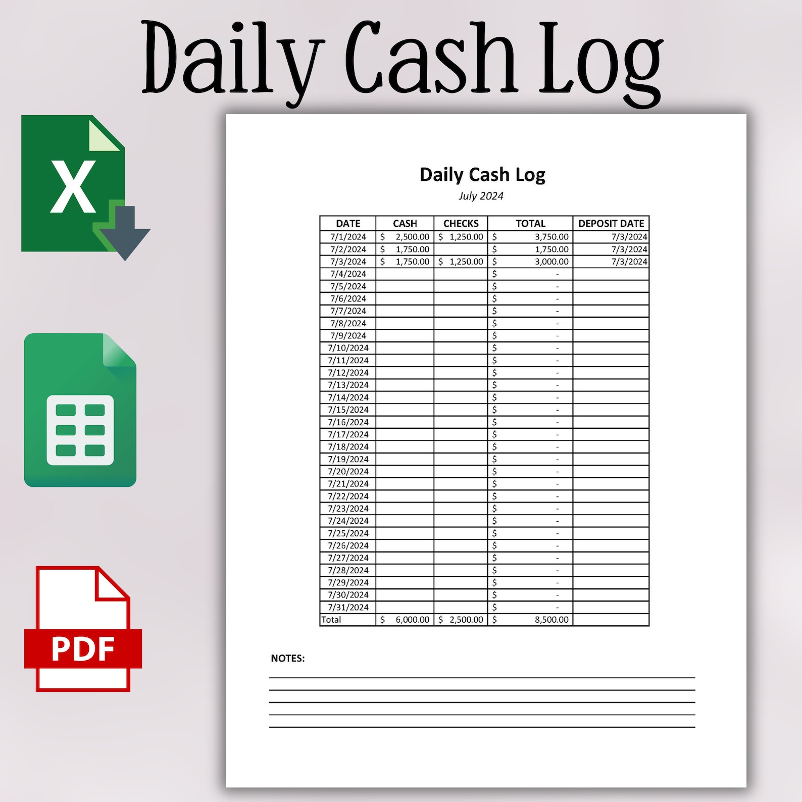 Printable Cash Register Log | Closing Cash Log | Petty Cash Tracker ...