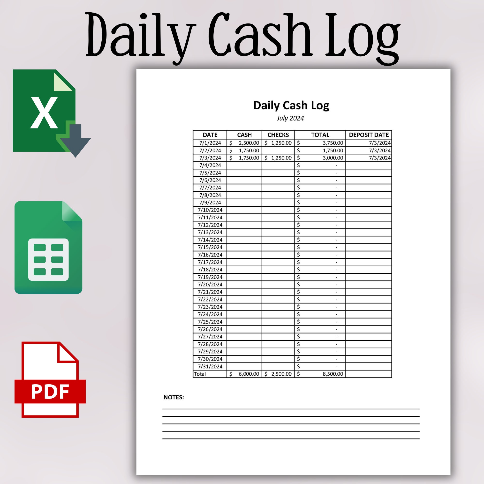 Printable Cash Log | Cash Register | Cash Depsoit Log | Cash Drawer ...