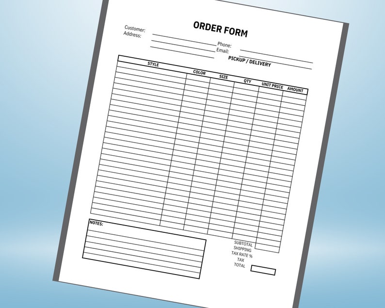 Order Form Template Printable Order Form Purchase Order Form - Etsy
