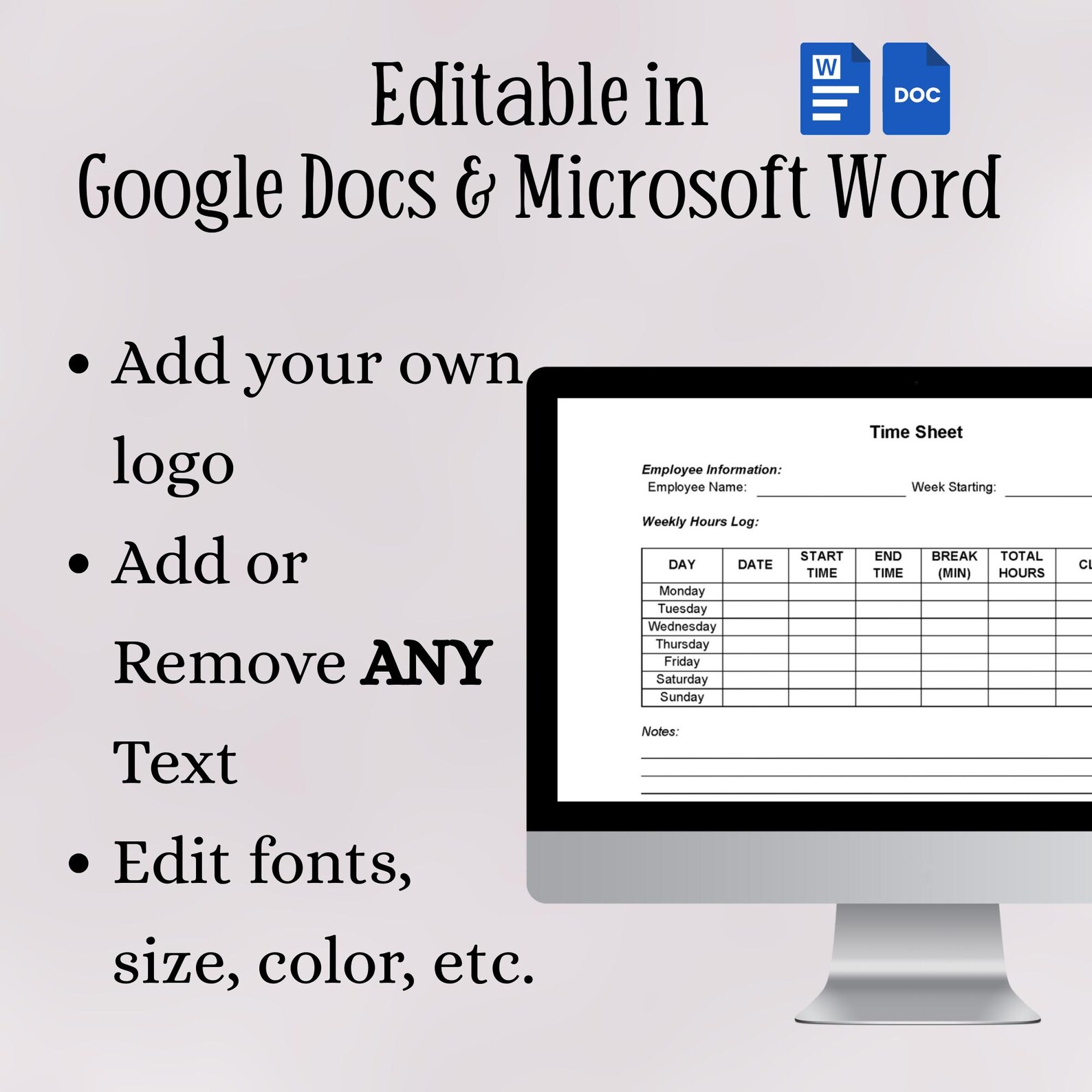 Printable Employee Time Sheet | Simple Time Sheet | Employee Hours ...