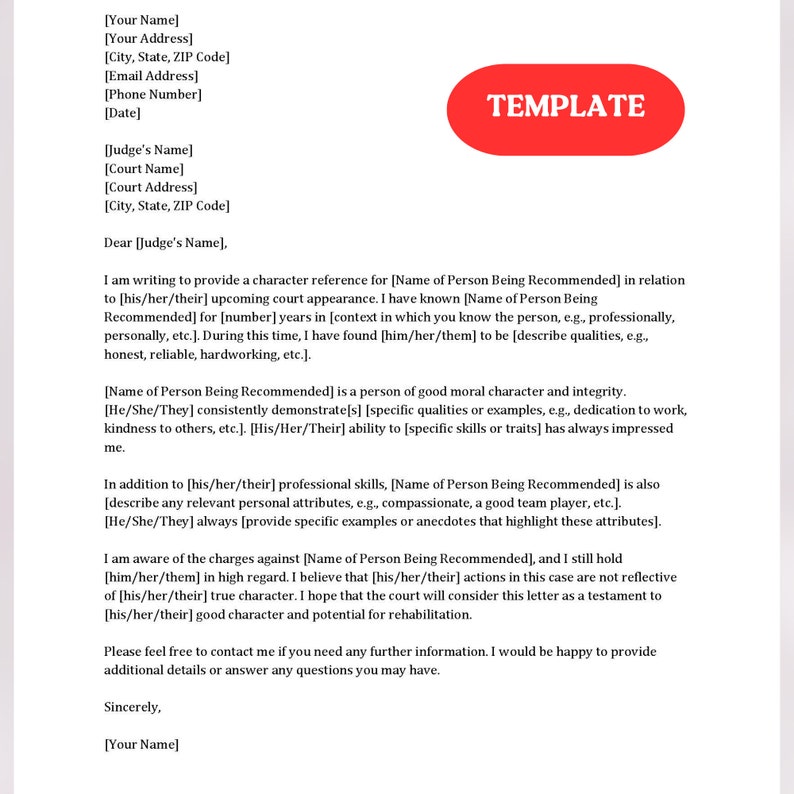 Character Reference Letter | Court Character Letter | Character ...