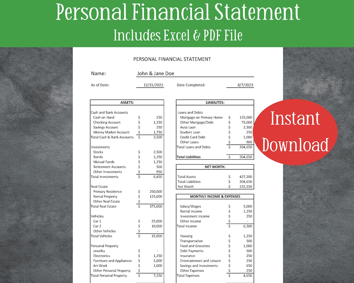 Editable Personal Financial Statement Excel Template | Printable ...