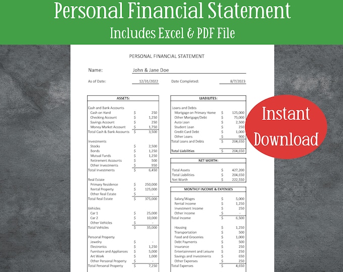 Editable Personal Financial Statement Excel Template | Printable ...