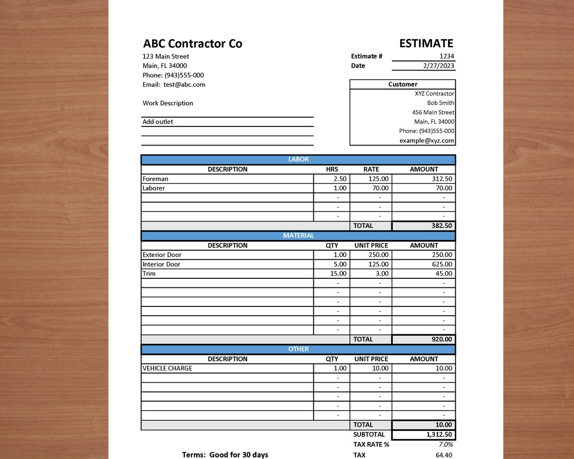 Contractor Estimate Template General Contractor Construction Estimate ...