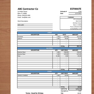 Contractor Estimate Template General Contractor Construction Estimate ...