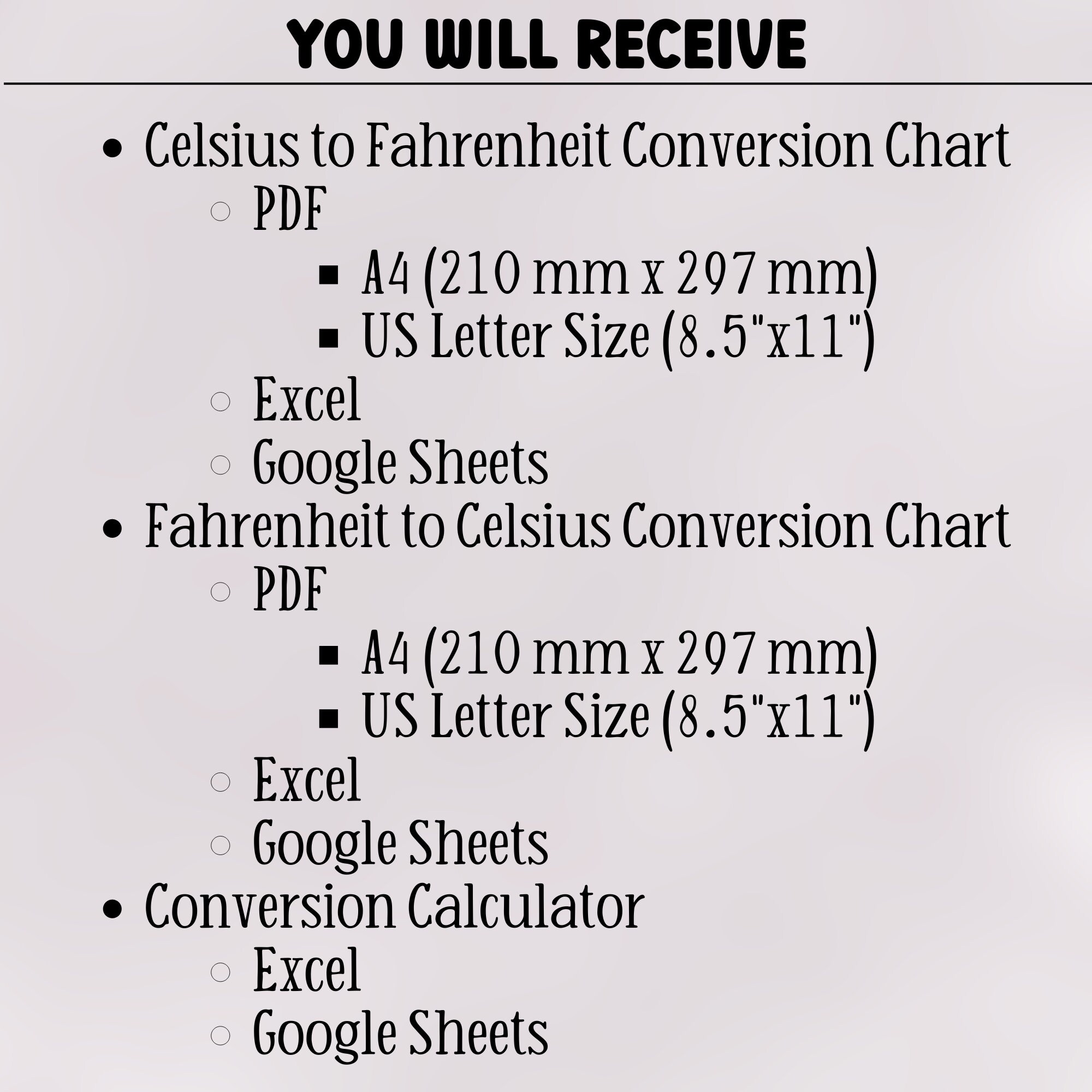 Printable Temperature Conversion Chart Fahrenheit to Celsius and ...