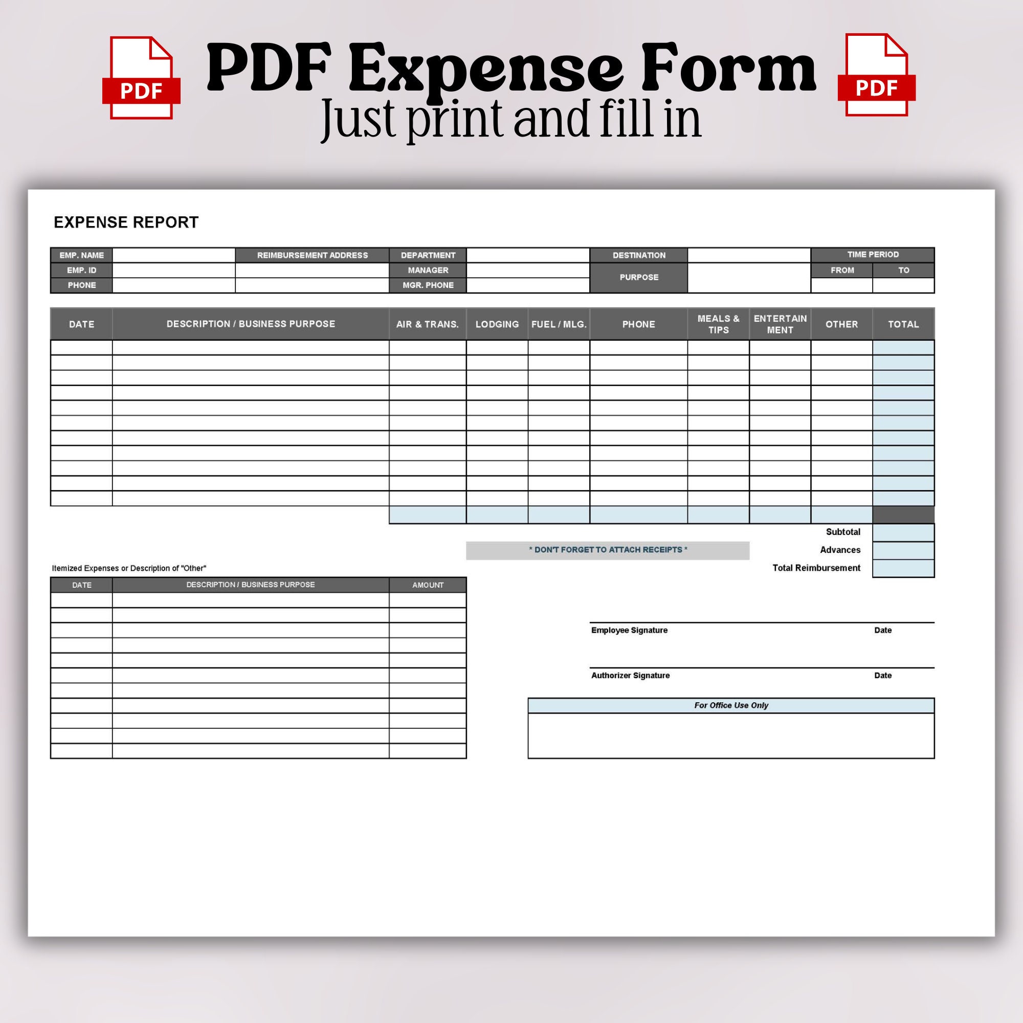 Printable Expense Report Form | Editable Employee Reimbursement ...