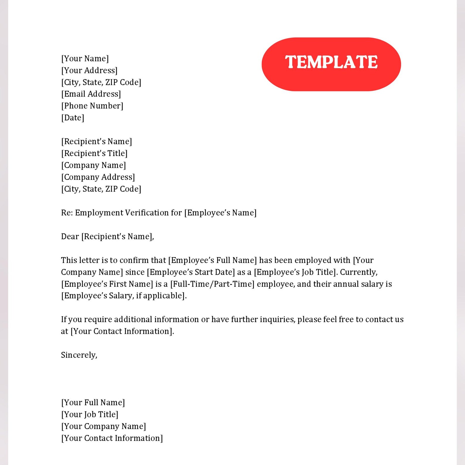 Editable Employment Verification Letter Template (MS Word & Google Docs ...