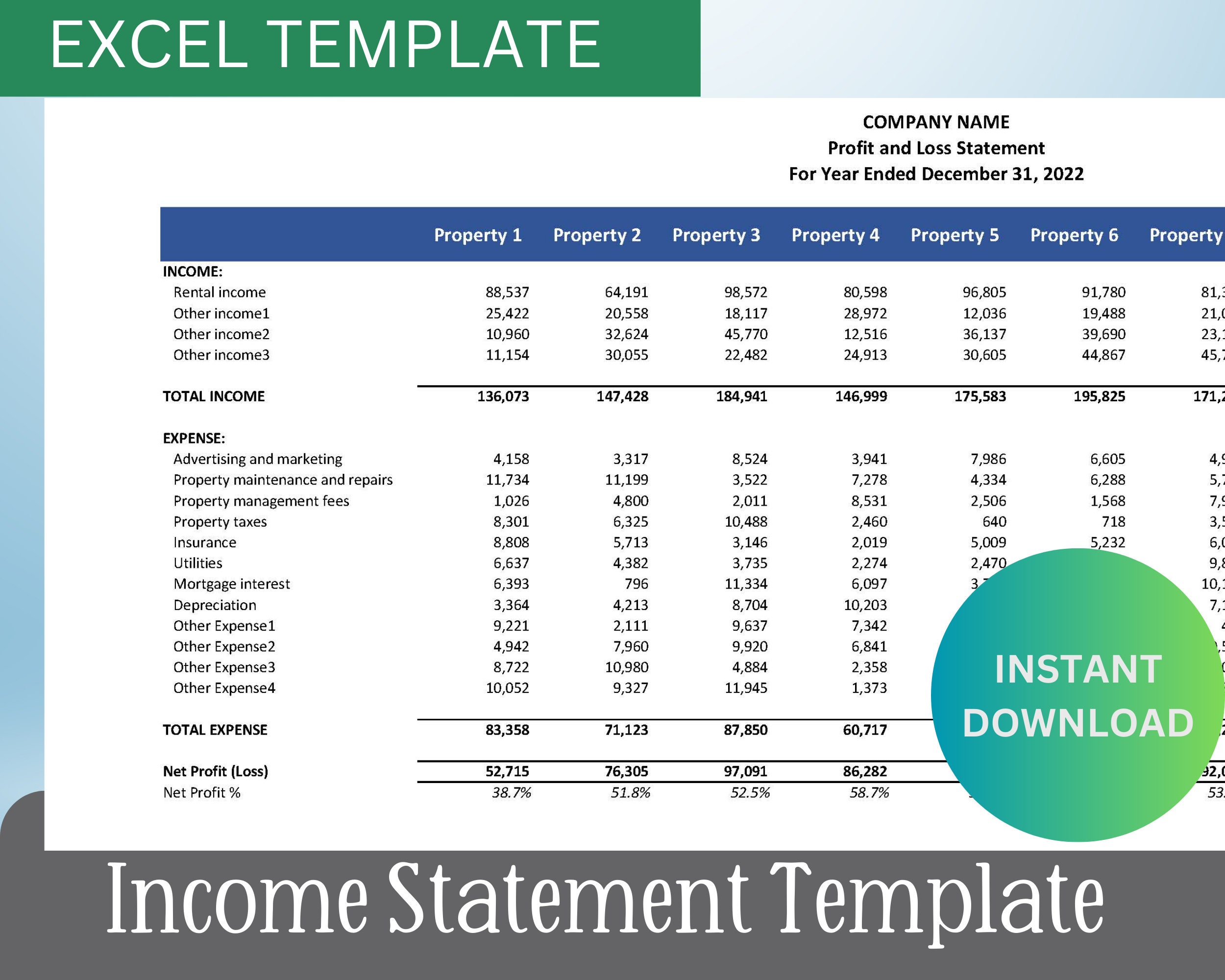 Real Estate Excel Profit and Loss Statement Template Profit - Etsy