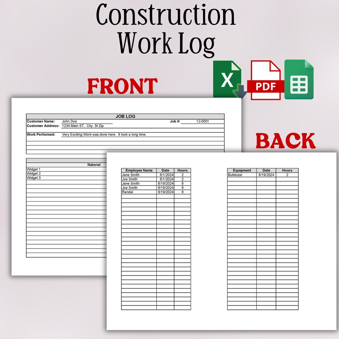 Construction Work Log: Job Scope, PDF, Excel, Google Sheets - Etsy