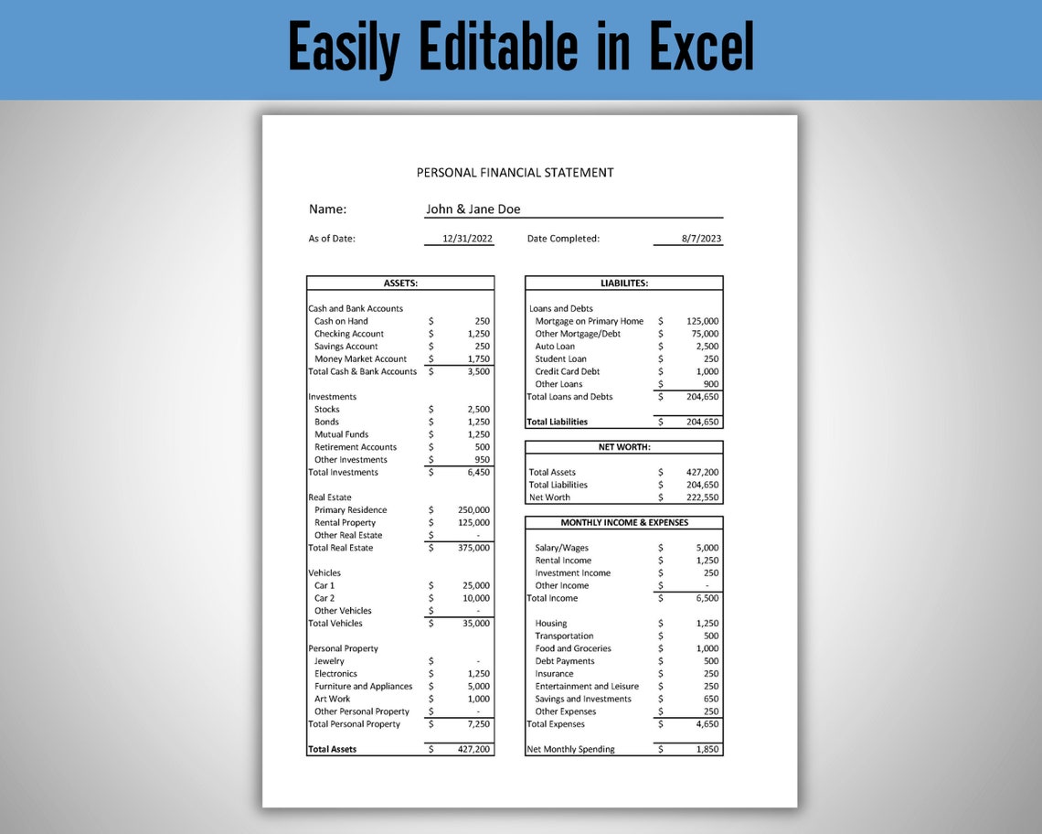 Editable Personal Financial Statement Excel Template | Printable ...