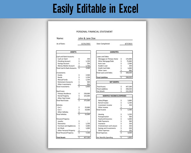 Editable Personal Financial Statement Excel Template | Printable ...