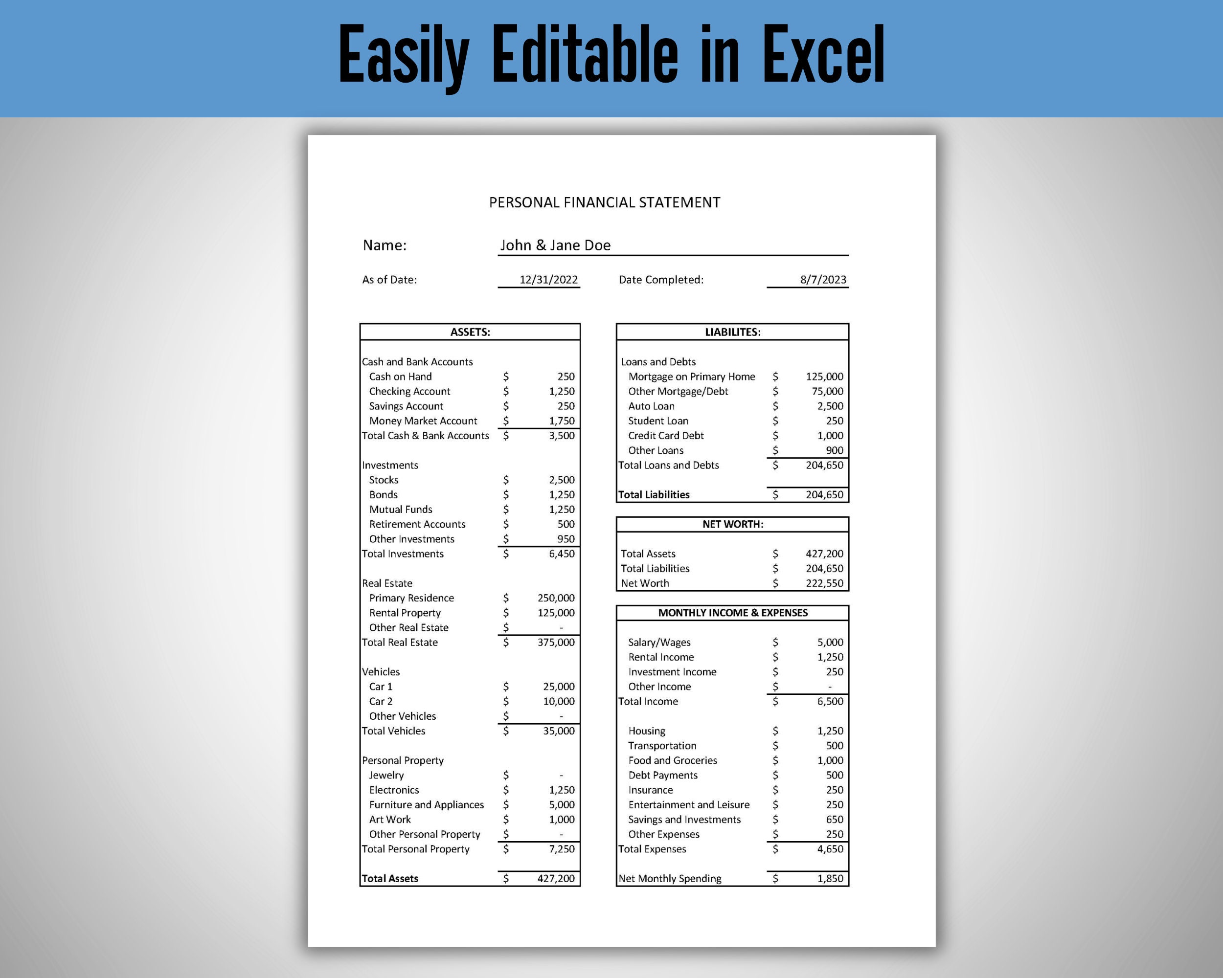 Editable Personal Financial Statement Excel Template | Printable ...