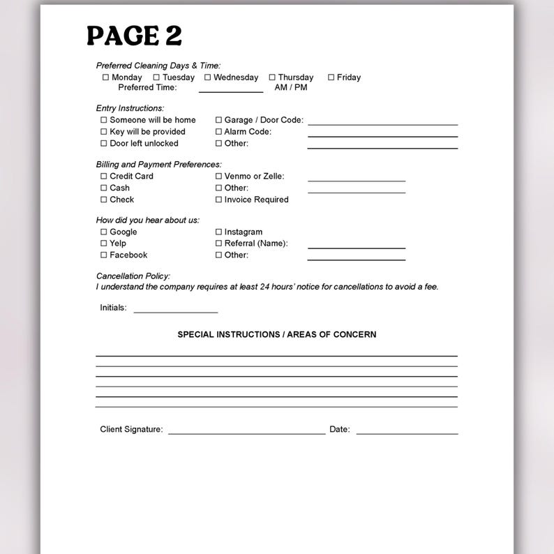 Professional Residential Cleaning Service Client Intake Form | Editable ...