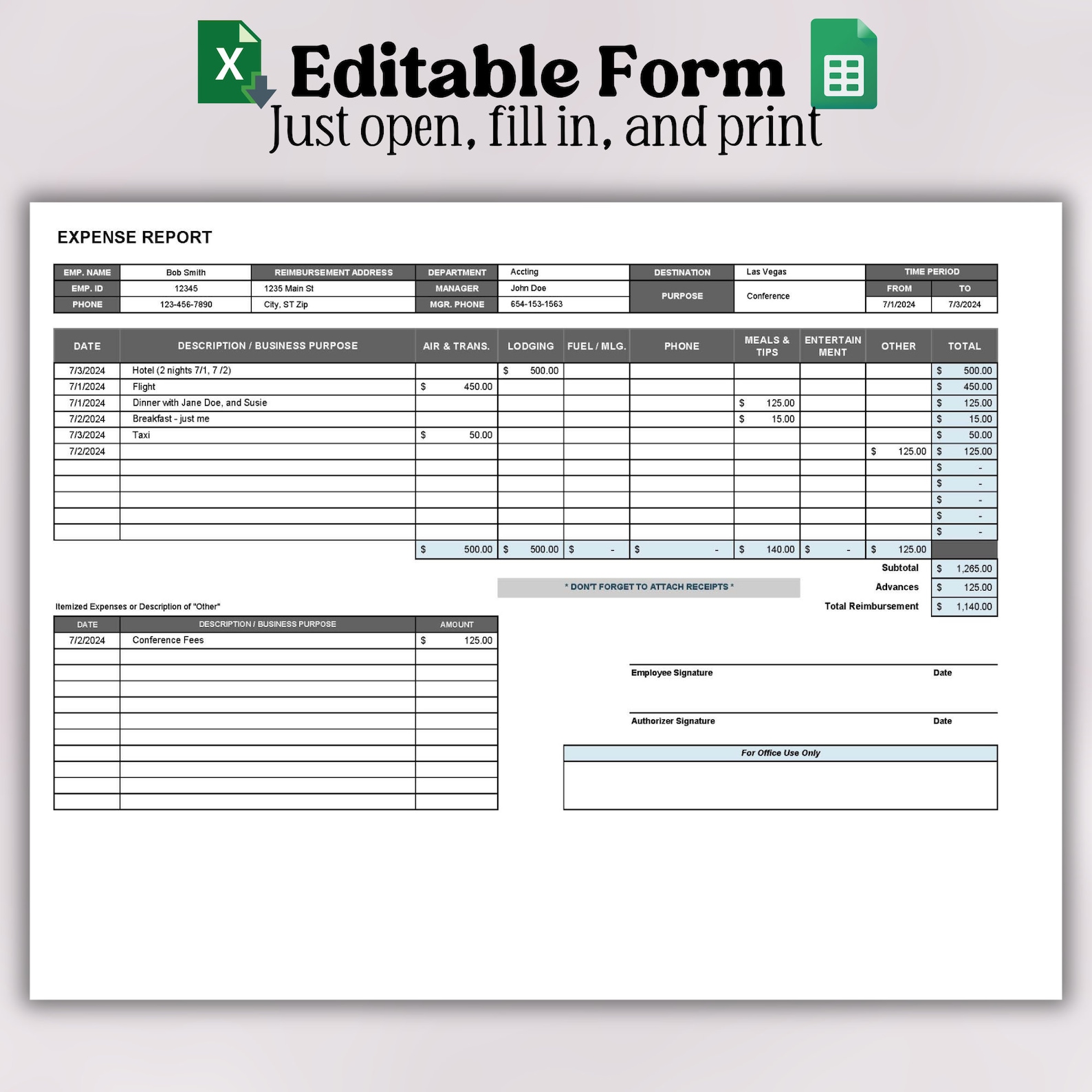 Printable Expense Report Form | Editable Employee Reimbursement ...