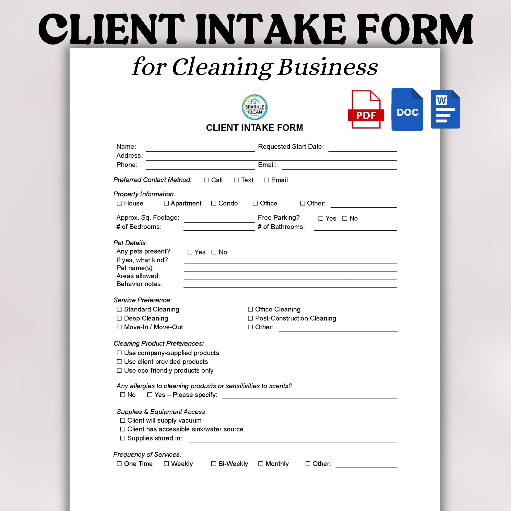 Professional Residential Cleaning Service Client Intake Form | Editable ...