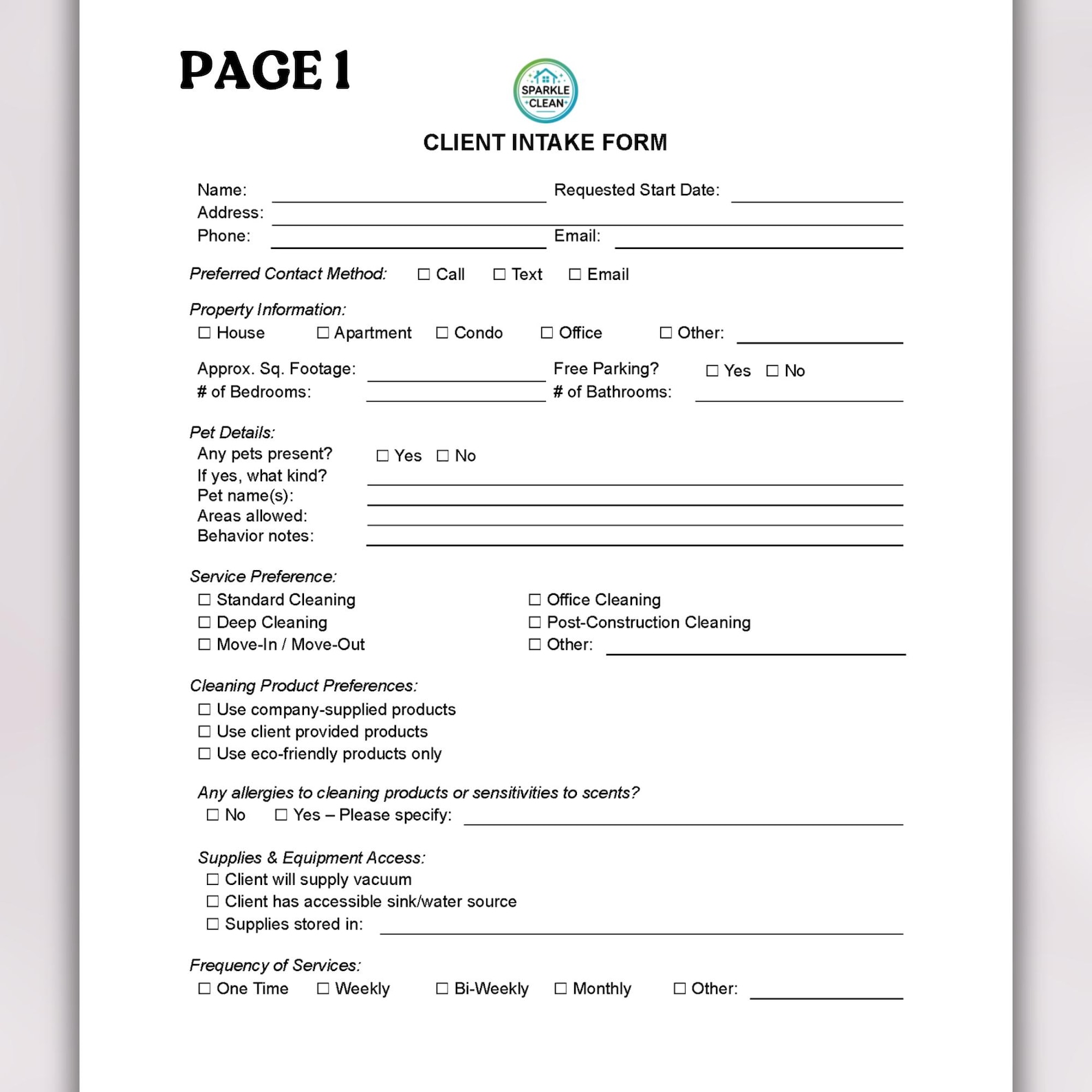 Professional Residential Cleaning Service Client Intake Form | Editable ...