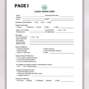 Professional Residential Cleaning Service Client Intake Form | Editable ...