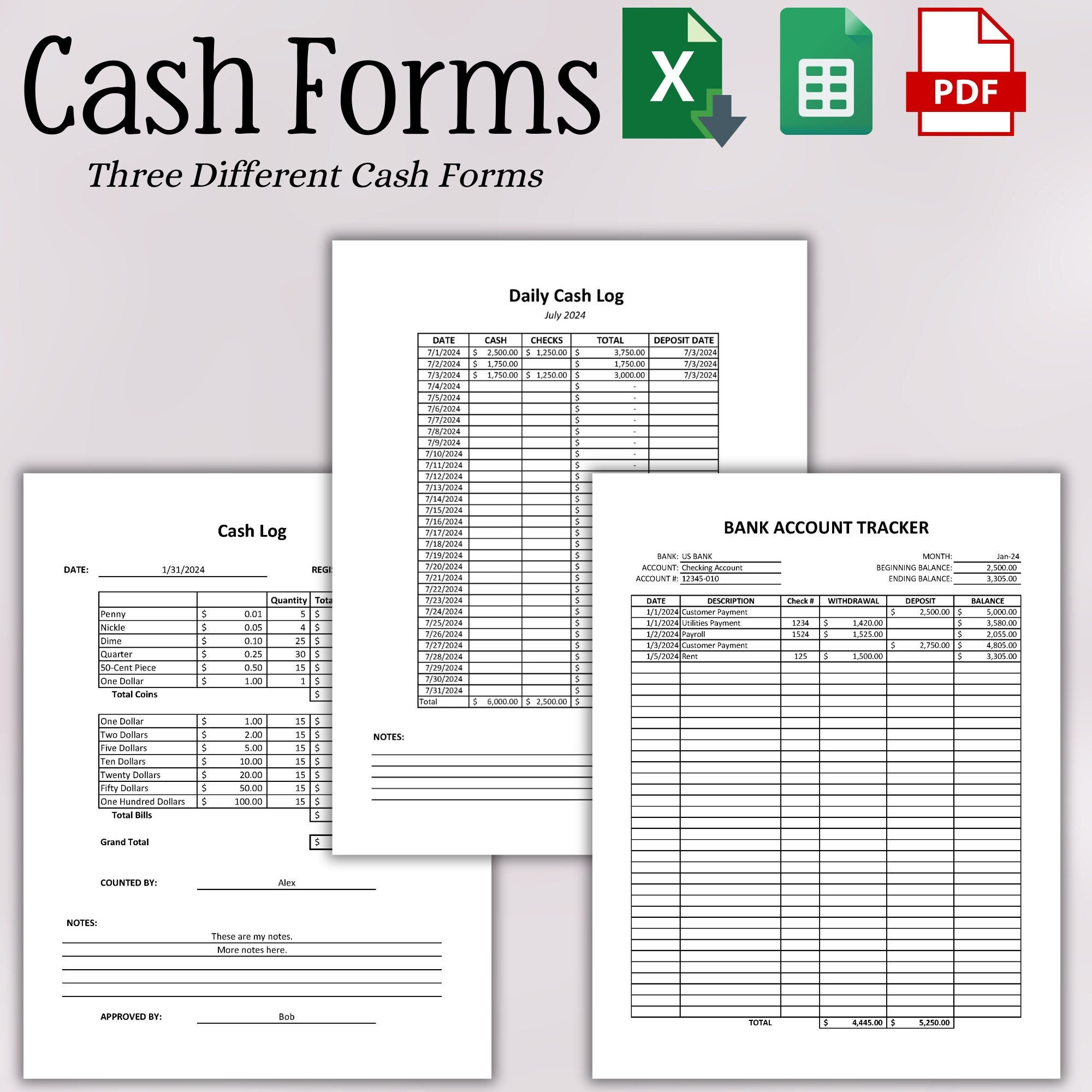 Printable Cash Log | Cash Register | Cash Depsoit Log | Cash Drawer ...