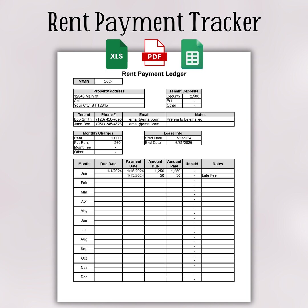 Rent Payment Tracker | Rental Payment Ledger | Monthly Rent Payment Log ...
