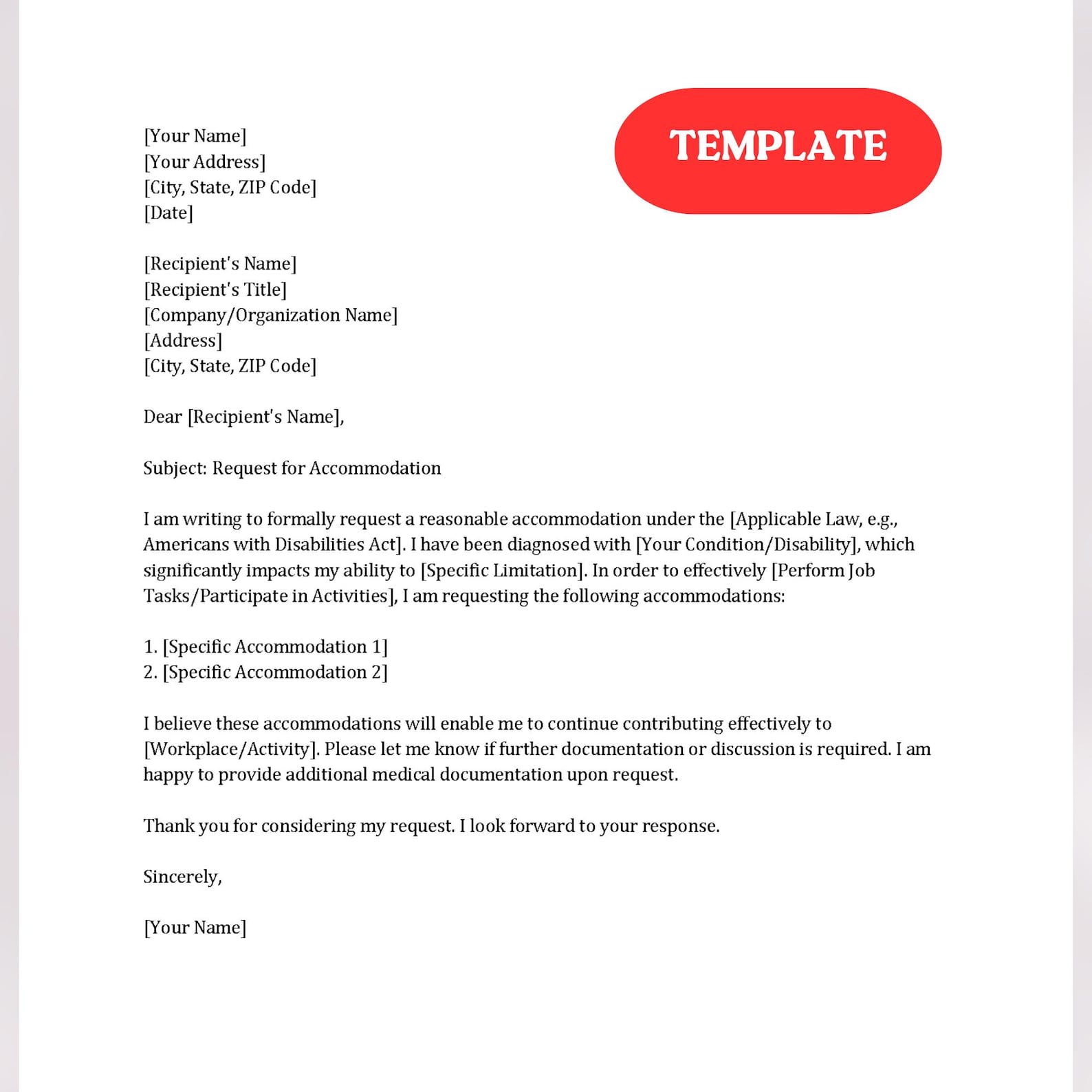 Reasonable Accommodation Letter Template | ADA Accommodation | ADA ...