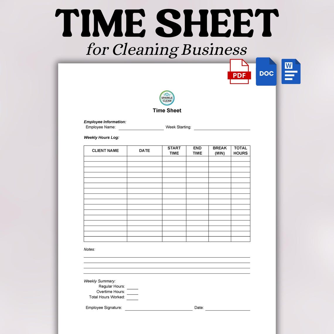 Cleaning Service Time Sheet | Cleaning Business Weekly Timesheet ...
