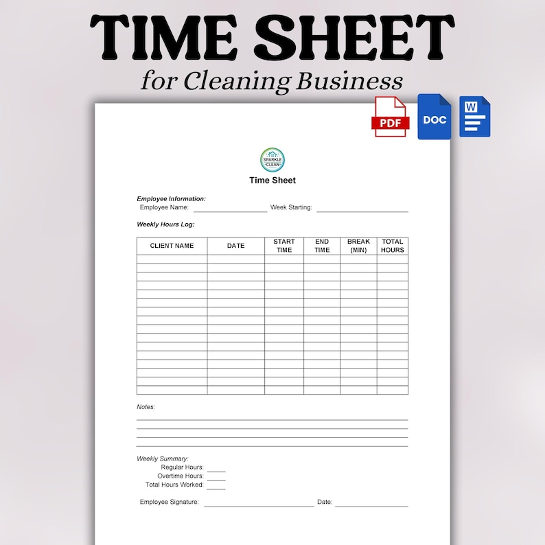 Cleaning Service Time Sheet | Cleaning Business Weekly Timesheet ...