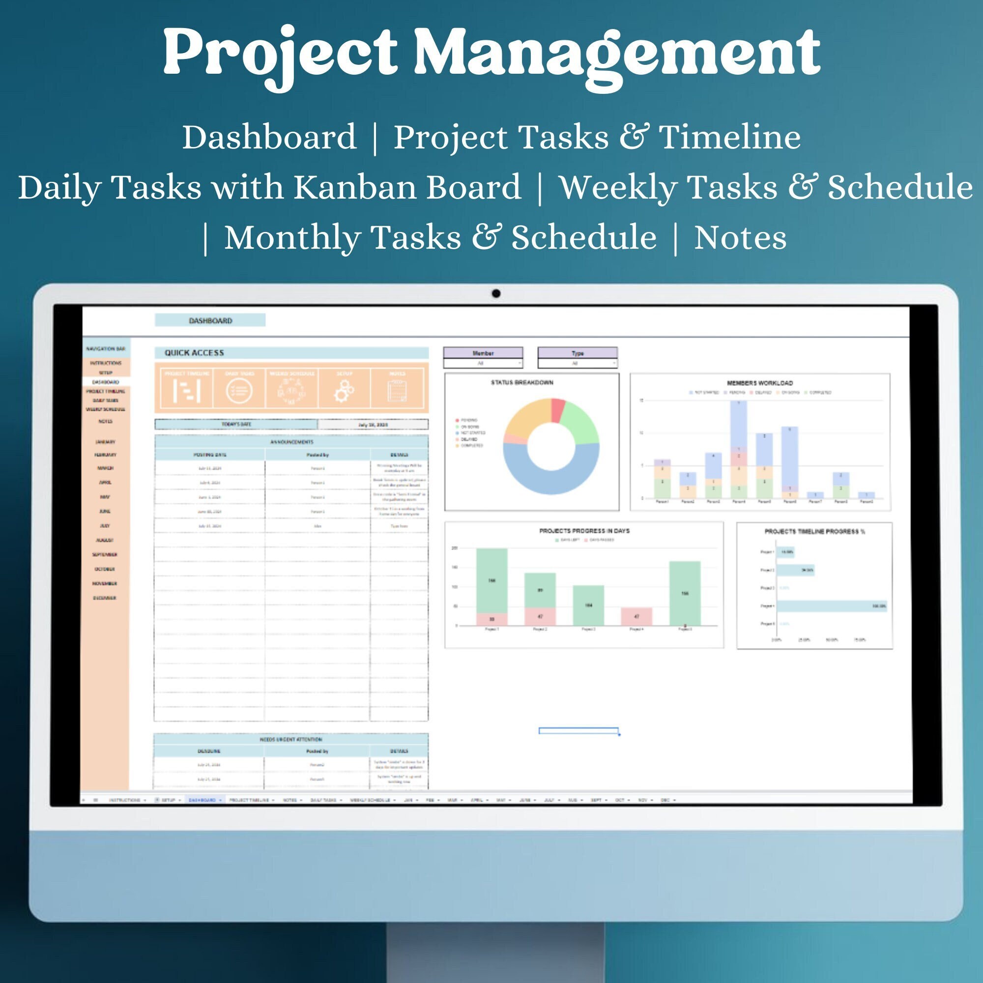 Project Management Template With Kanban Board Project Planner Project ...