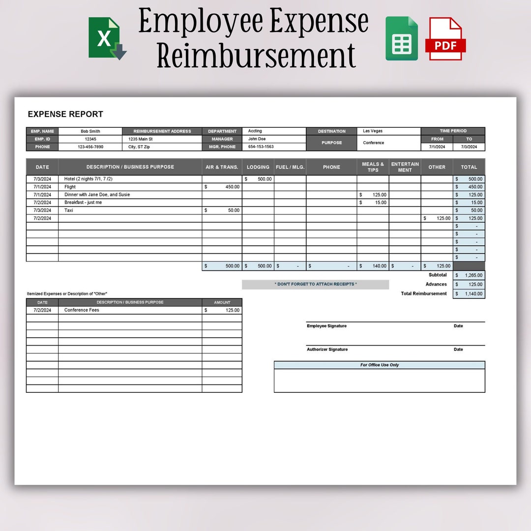 Editable Excel Spreadsheet | Employee Reimbursement Form | HR Template ...