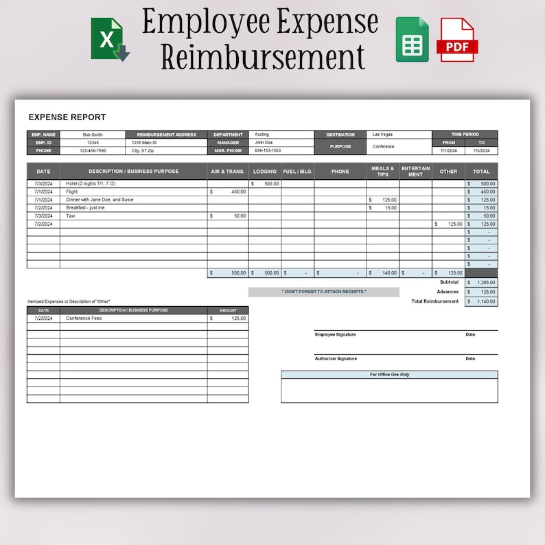 Editable Excel Spreadsheet Employee Reimbursement Form HR Template ...